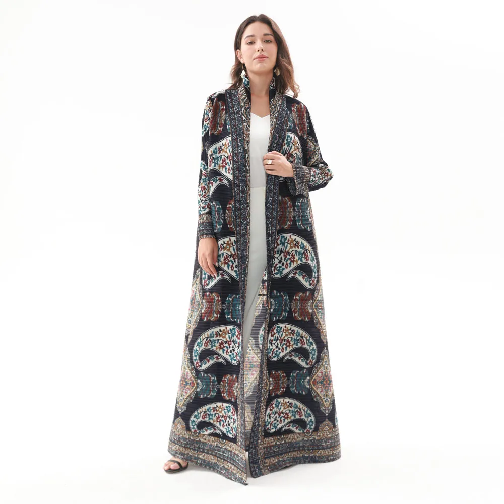 Alibaba.com: Miyake Front Open Abaya Floral Print Kaftan Robes Pleated ...