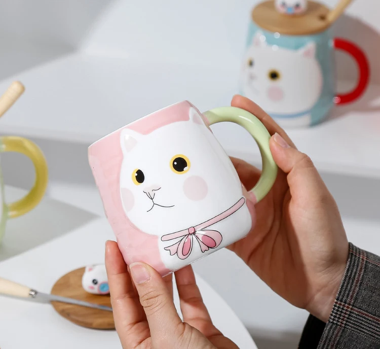 Cartoon Big Face Cat Ceramic Cup Wooden Cover Lid Mug Home Office Cup ...