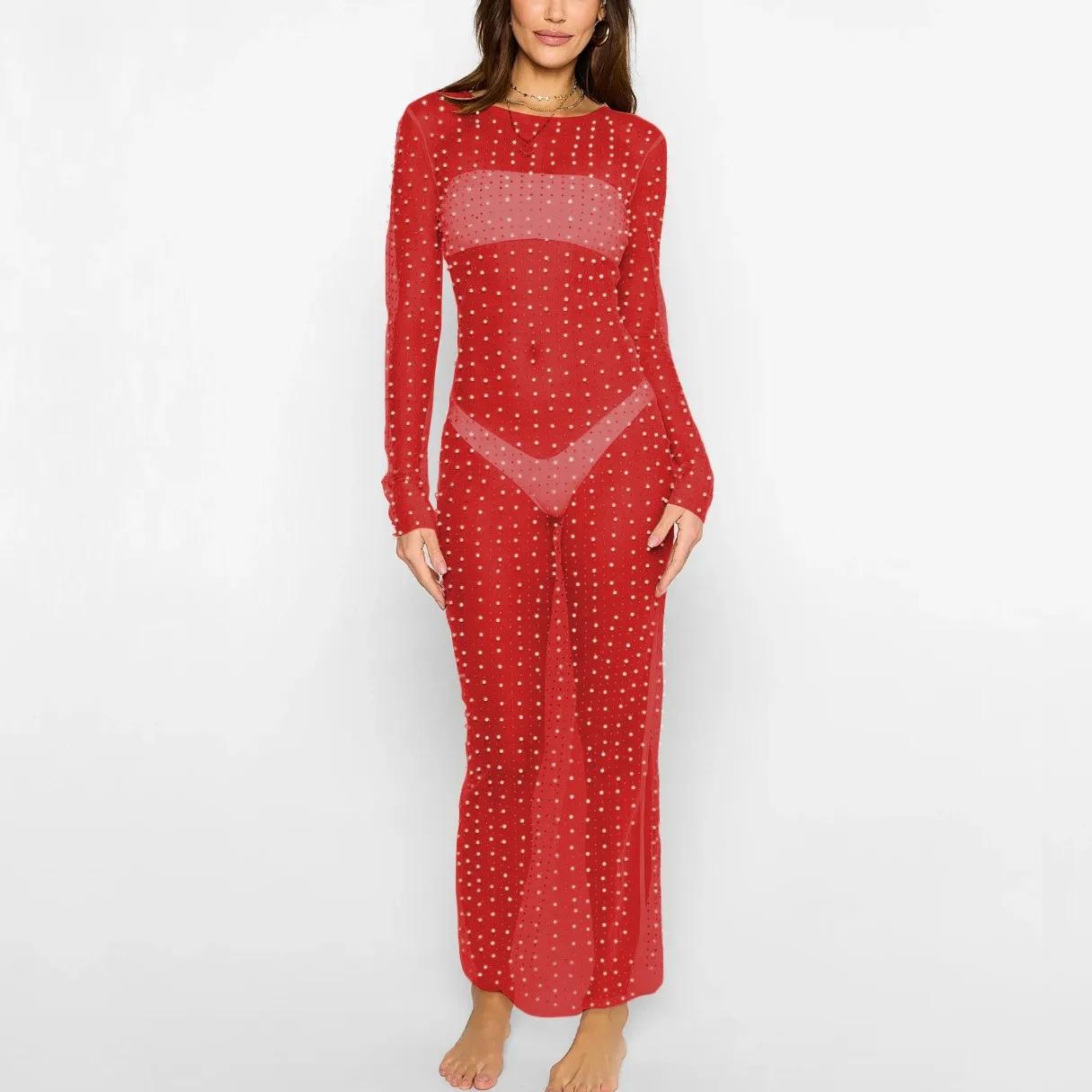 Fashion Sexy Women Crochet Cover Up See Through Mesh Rhinestone Pearl