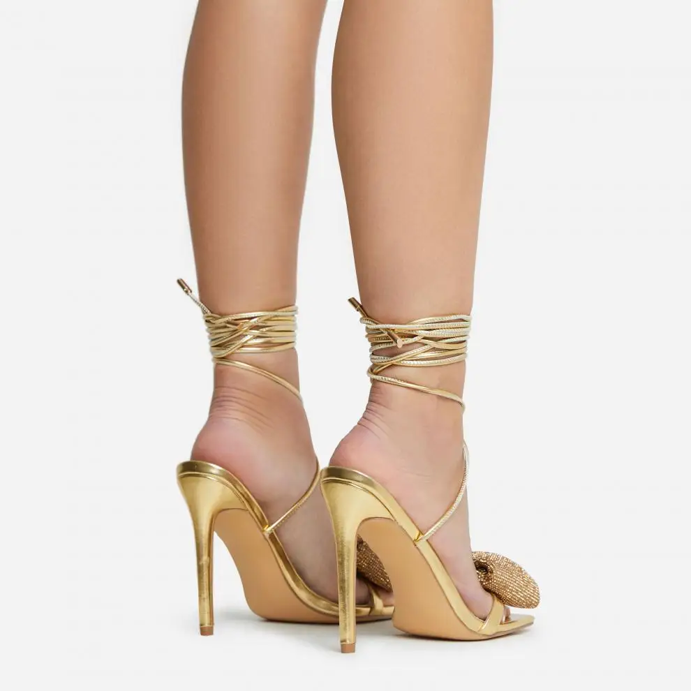 Busy Girl High Heels Shoes For Women Sandals Lace Up Heels With Bows Luxury Rhinestone Gold