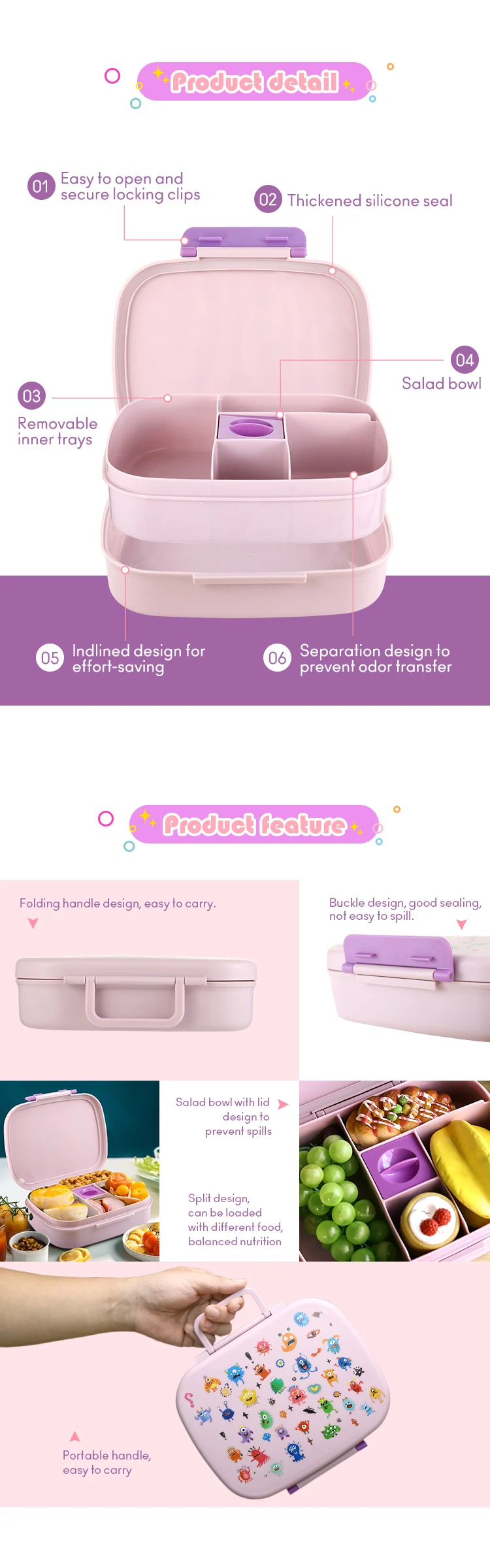 Everich ODM Design 1100ml Children Lunch Box Cute Kids Bpa Free Bento Box with 5 Handle| Alibaba.com