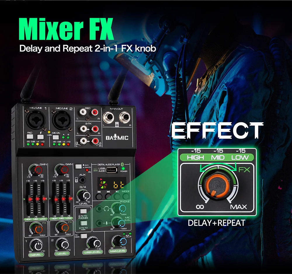 Professional 2 Channels UHF Wireless Microphone with Mixer