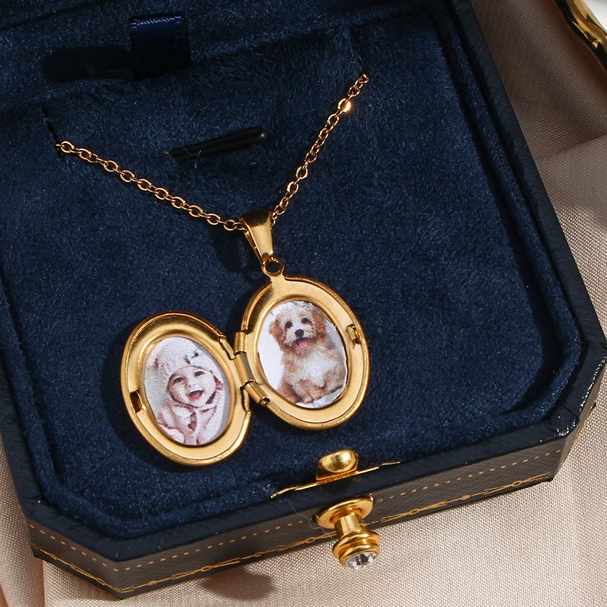 Oval Custom Frame Locket Picture Necklace Stainless Steel Gold Plated ...