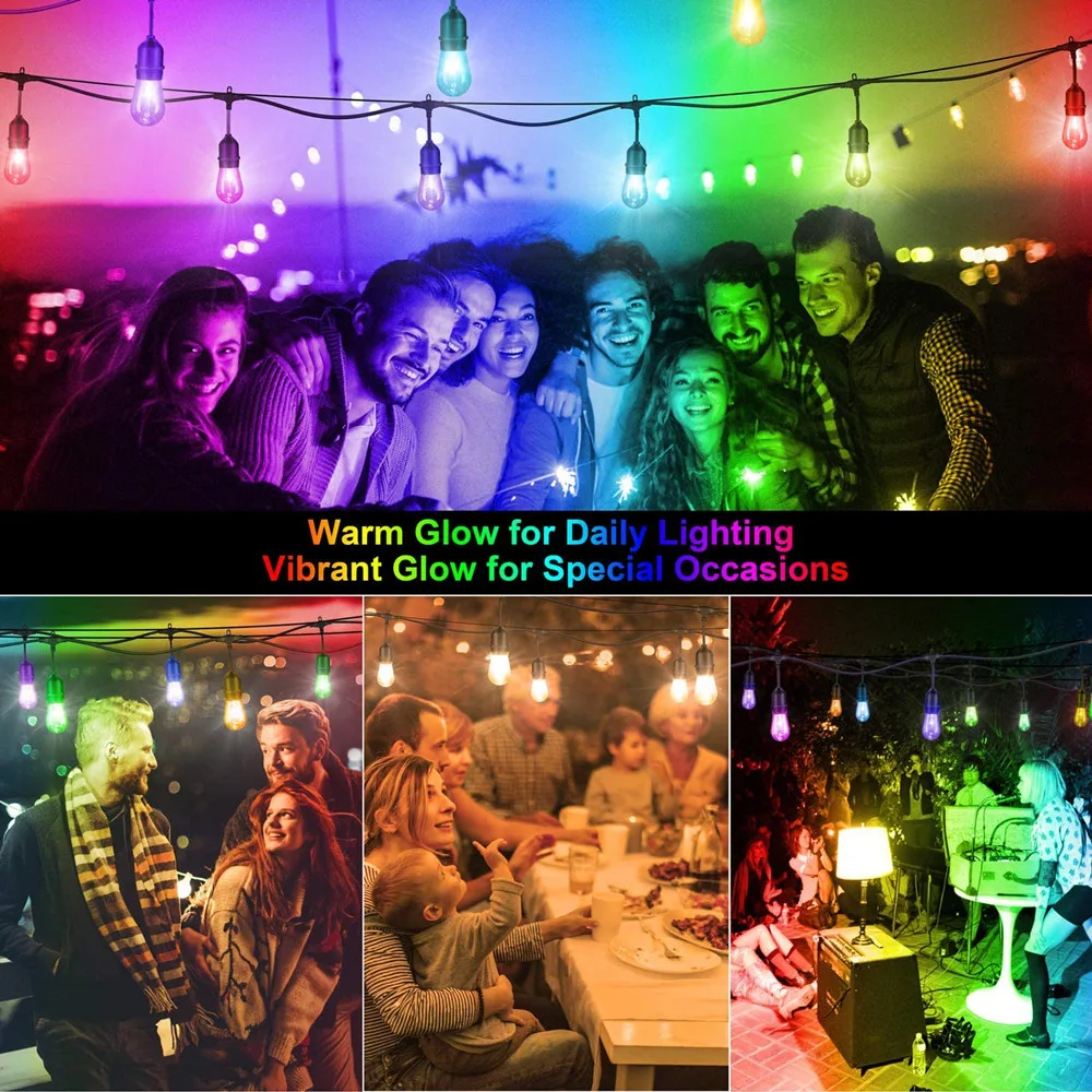 S14 RGB LED String Lights E27 Waterproof Resistant Bulbs Remote Outside ...
