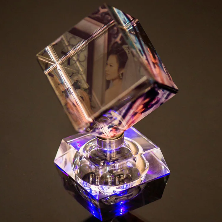 Light up Rotating Glass Crystal Cube Photo Frame MH-F0403