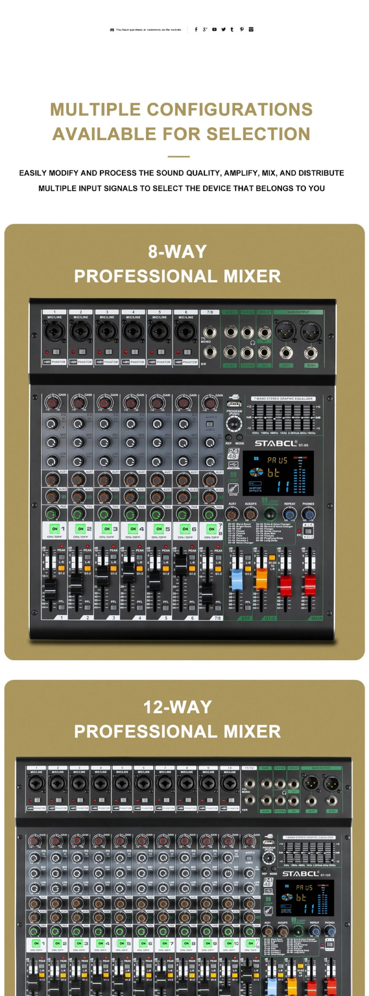 Professional 99DSP 24bit 48V Audio Mixer for Live Streaming