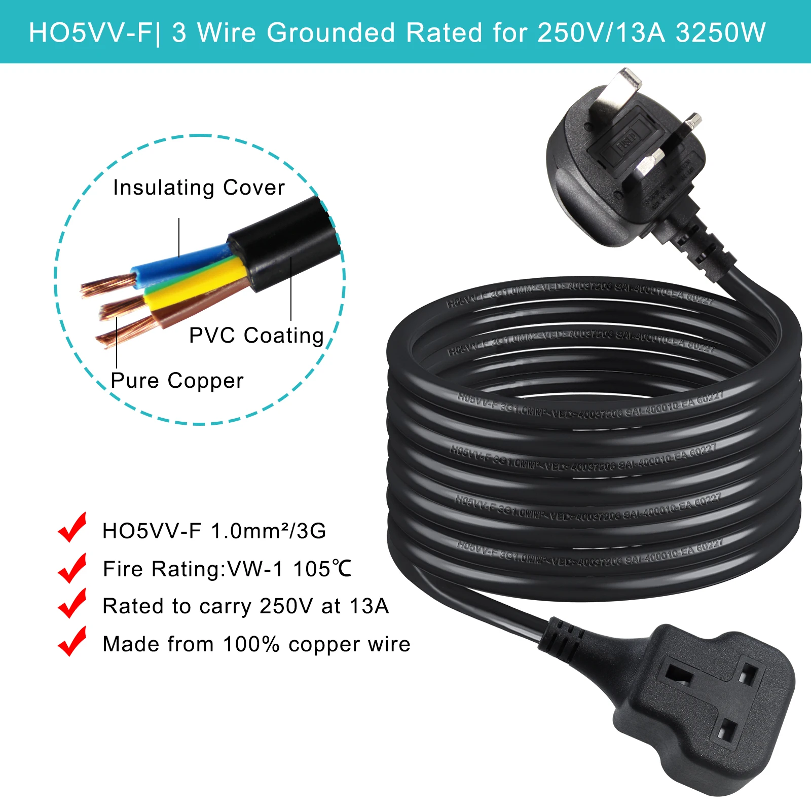 UK 3 Pin Pure Copper Power Cord 13A 250V BS Certified AC Plug Cable 1 ...