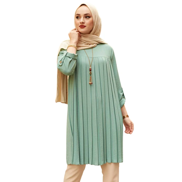 2022 Ruffle Muslim Women Button O-neck Shirt Casual Top Solid Long ...