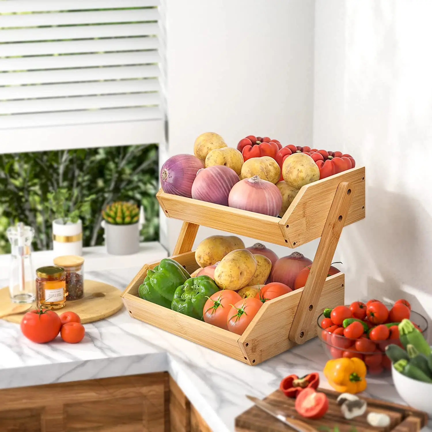 Kitchen Counter Organization 2-tier Bamboo Vegetable Fruit Basket ...