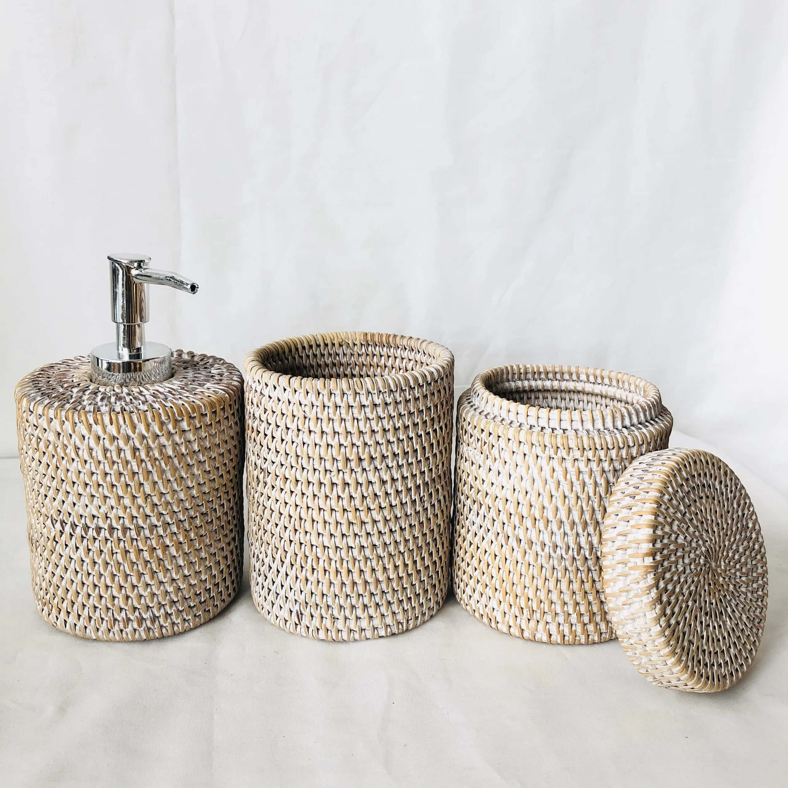 Antique Vintage Handwoven Rattan Wicker Bathroom Set