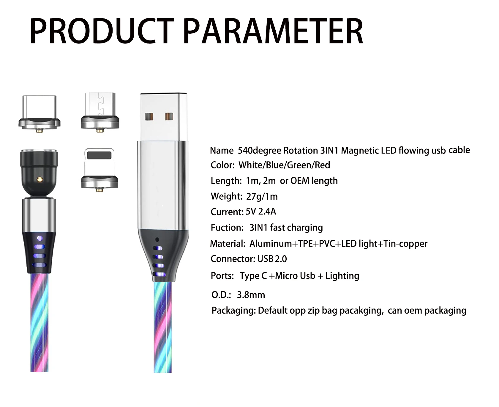 360 + 180 Degree Rotational Connector Luminous Cable Led Flowing Light ...