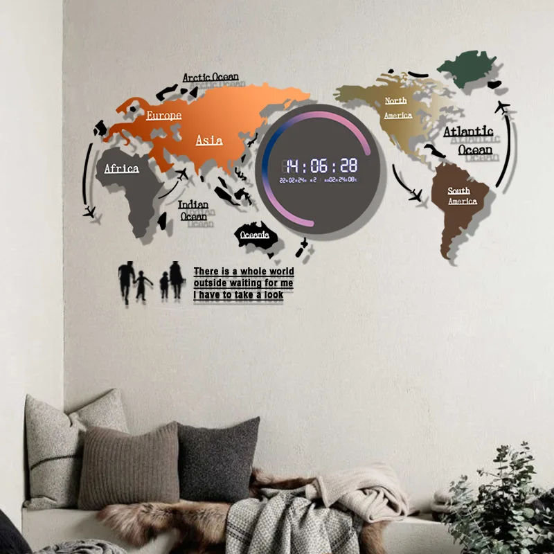 74x34cm Wall Decorative Acrylic Digital World Map Clock