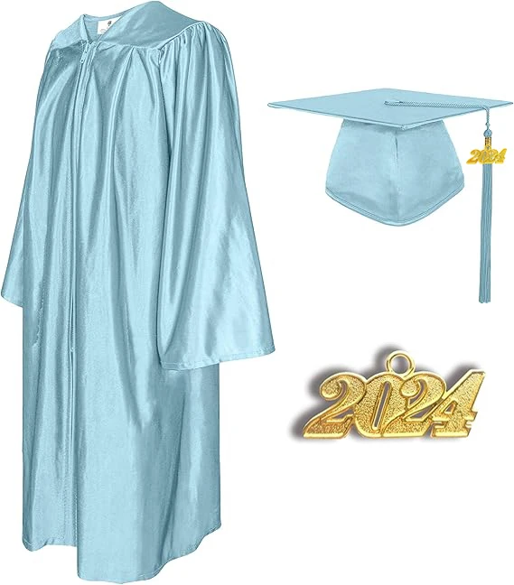 Sky Blue Shiny Graduation Cap And Gown With Tassel 2024 Year Charm For ...