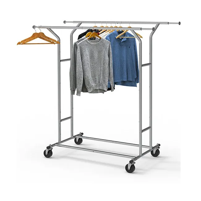 Metal Clothing Display Stand Double Rail Clothes Hanger Rack Silver ...