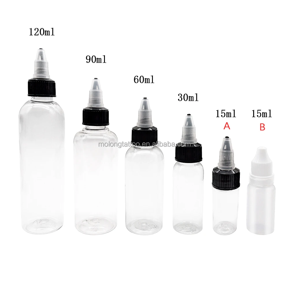 Pointed Clear Plastic Tattoo Ink Bottles - 15ML to 120ML