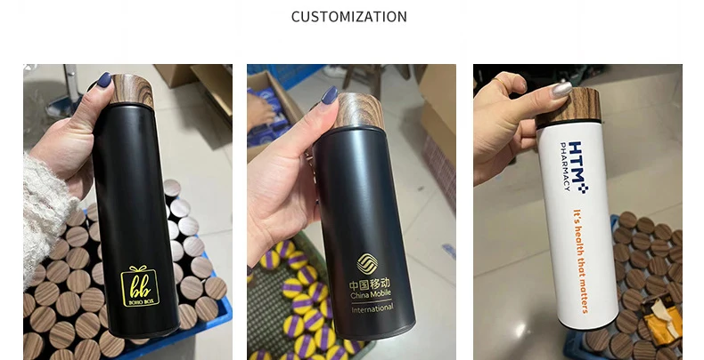 Wood Grain Lid Cover Straight Termos Stainless Steel Flask