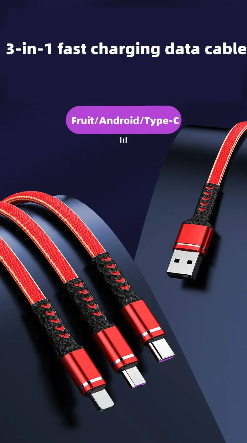 Portable 1.2m 3 In 1 Fast Charging Cord For Android Data Cable For ...