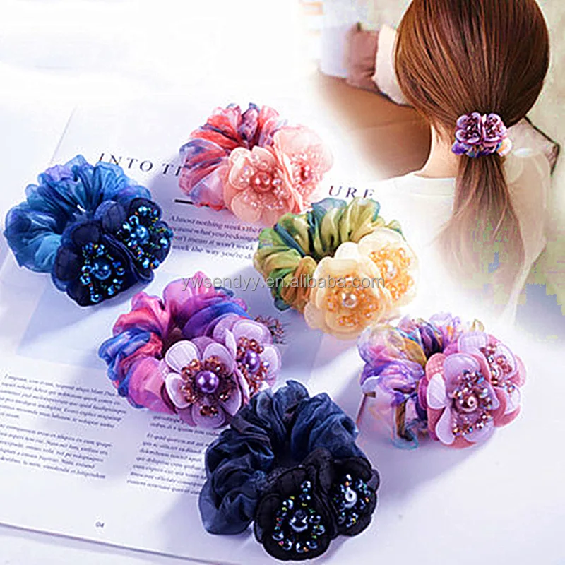New Multi-layer Mesh Hair Scrunchies Beads Flower Crystal Pearl Beads ...