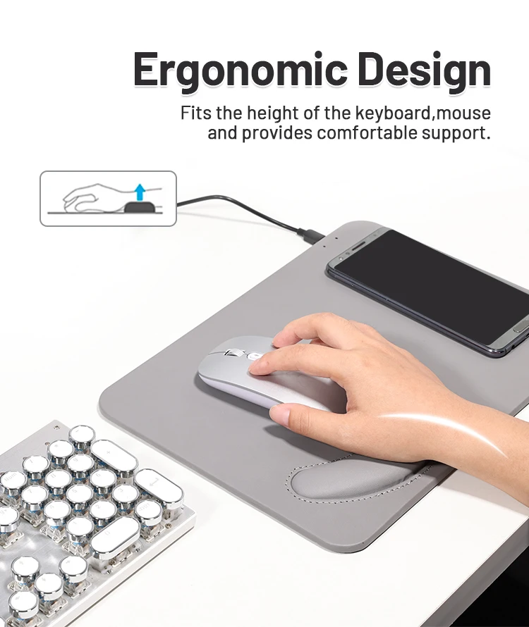 10W Ergonomic Premium Charger Wireless Mouse Pad with Leather Wrist Rest
