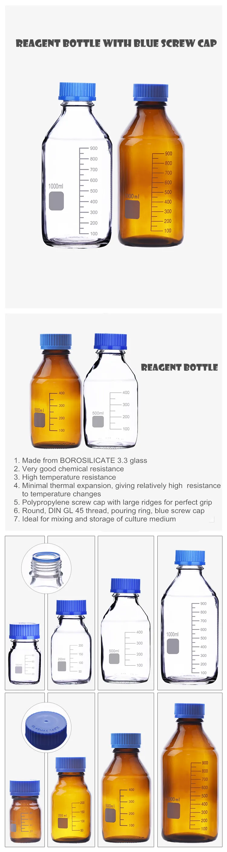 1 Liter Lab Glass Reagent Bottle 1000ml Borosilicate Media Storage Jar ...