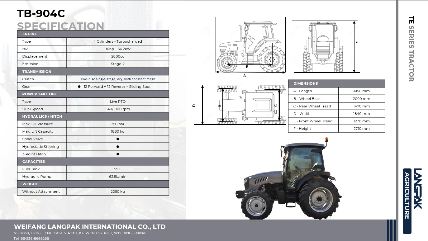 High Efficiency Farm Tractor - 4WD 90HP with Humanized Design