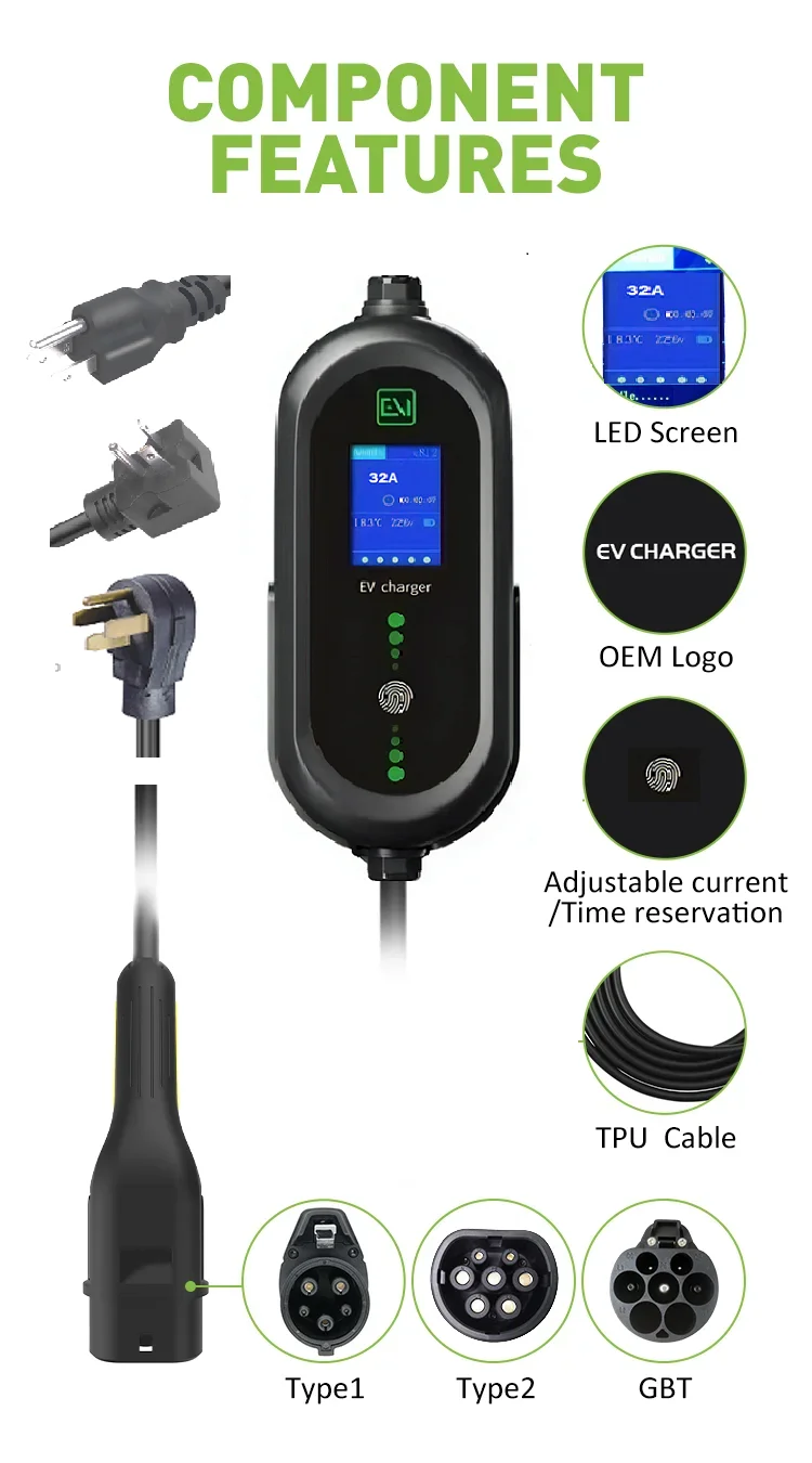 Level 2 Portable Ev Charger 16 Amp Electric Car Charger Nema 6-20 Plug ...