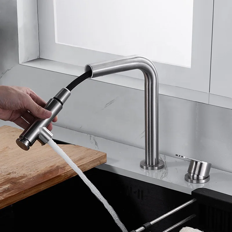 Pull Out Sprayer Sink Water Taps Hidden Lifting 304 Stainless Steel Two ...