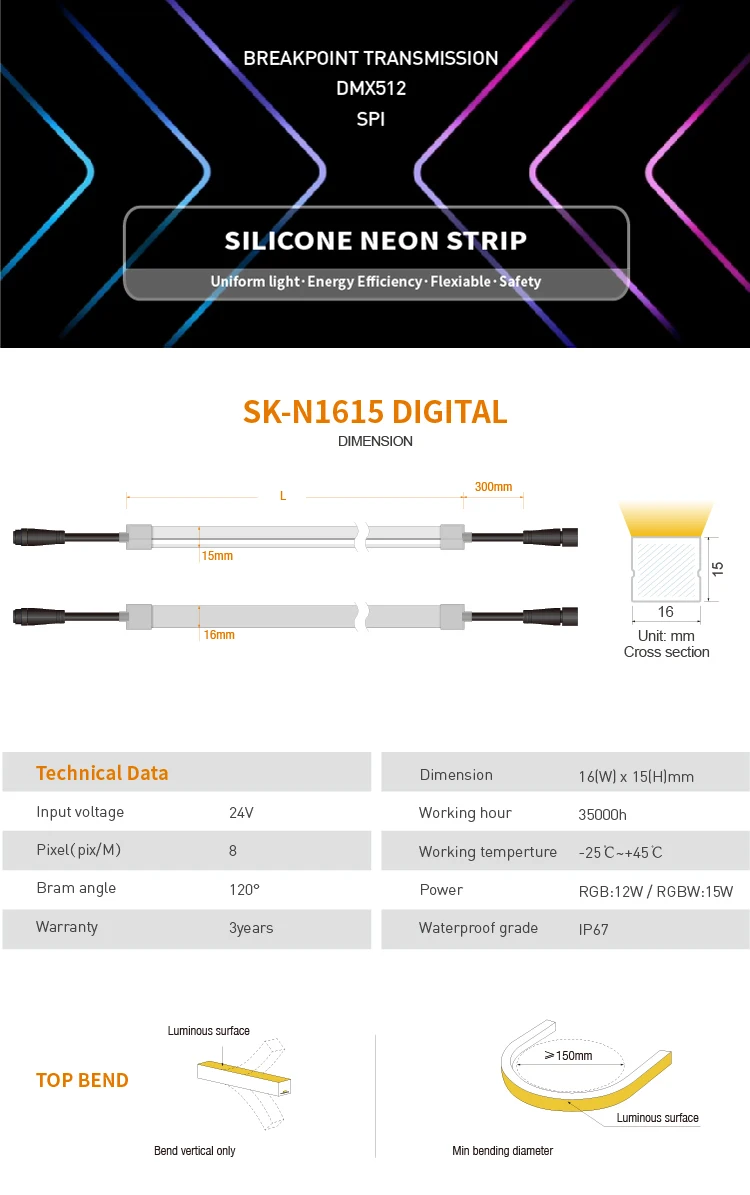 1615 DC24V DMX512 Dazzling Color Waterproof IP67 RGB Neon Silicone ...