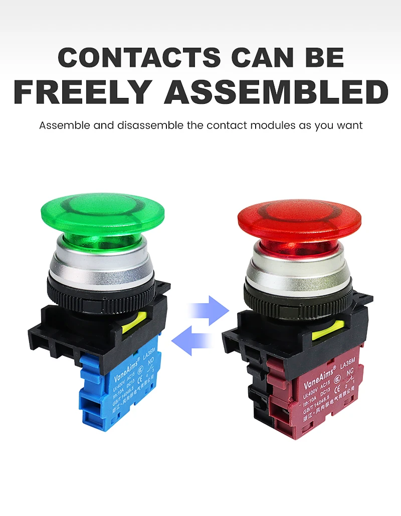 Vaneaims Momentary Mushroom Head Button La36m-10m Power Self-locking ...