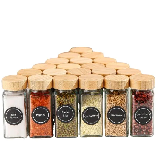 4oz Bamboo And Wood Cap Square Glass Perforated Seasoning Bottle Set ...