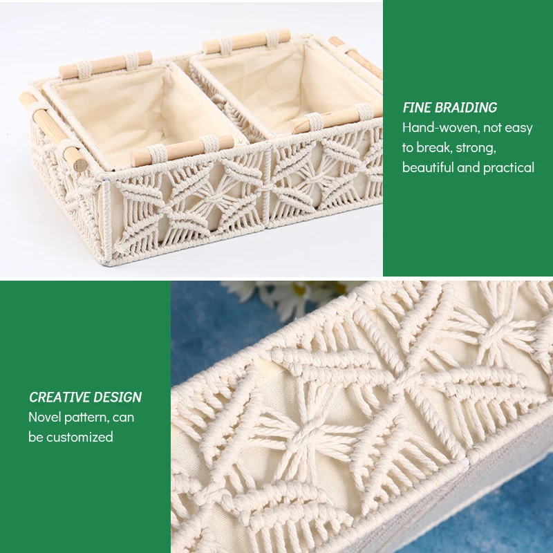 Handmade Woven Decor Macrame Storage Baskets Box Organizer With Wood ...