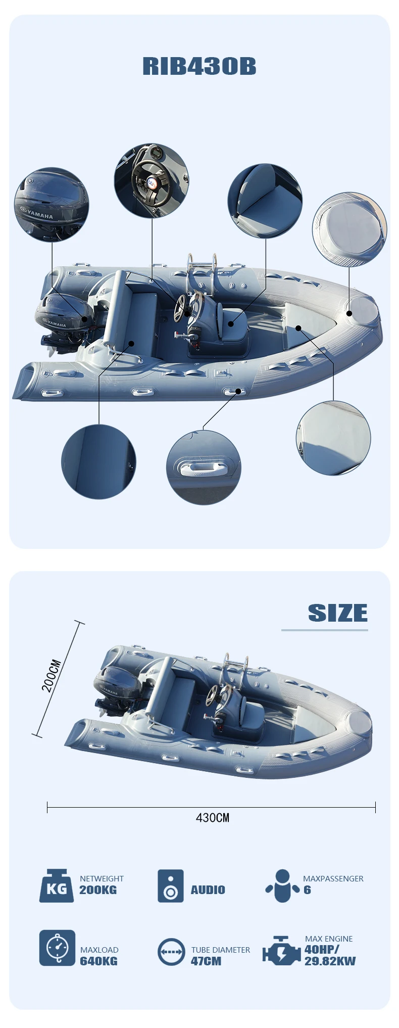 14.1ft RIB Sport Cabin Cruiser with Outboard Motor - HAOHAI