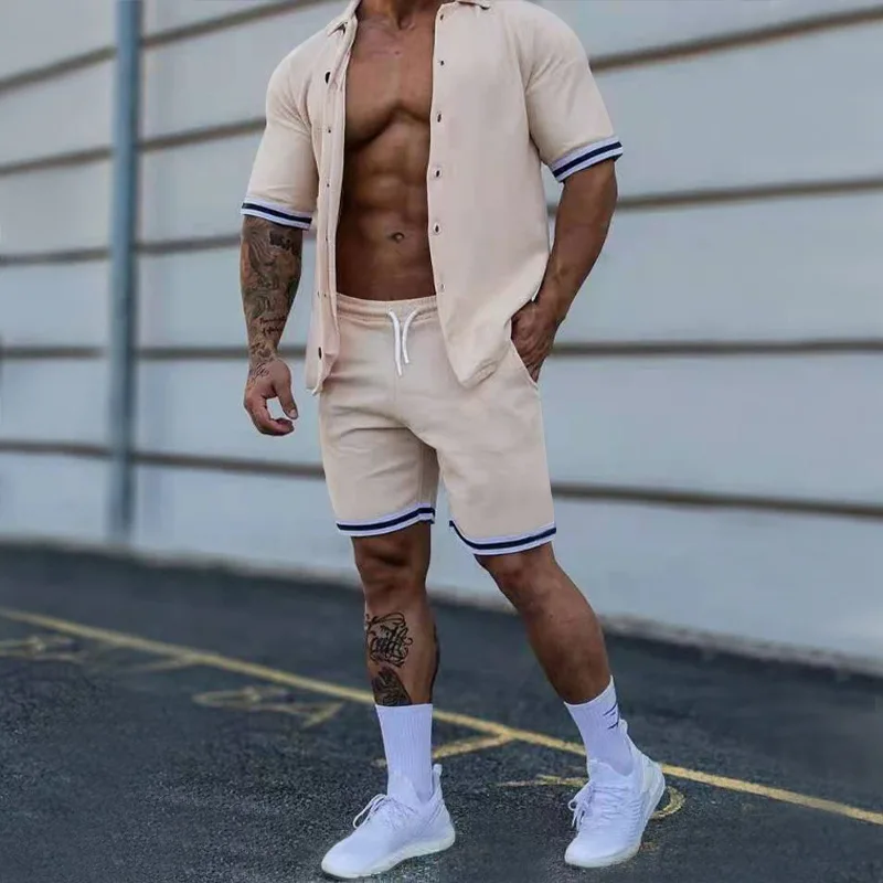 Summer Mens Track Suit Sets Custom Logo Solid Color Mens Button Short ...