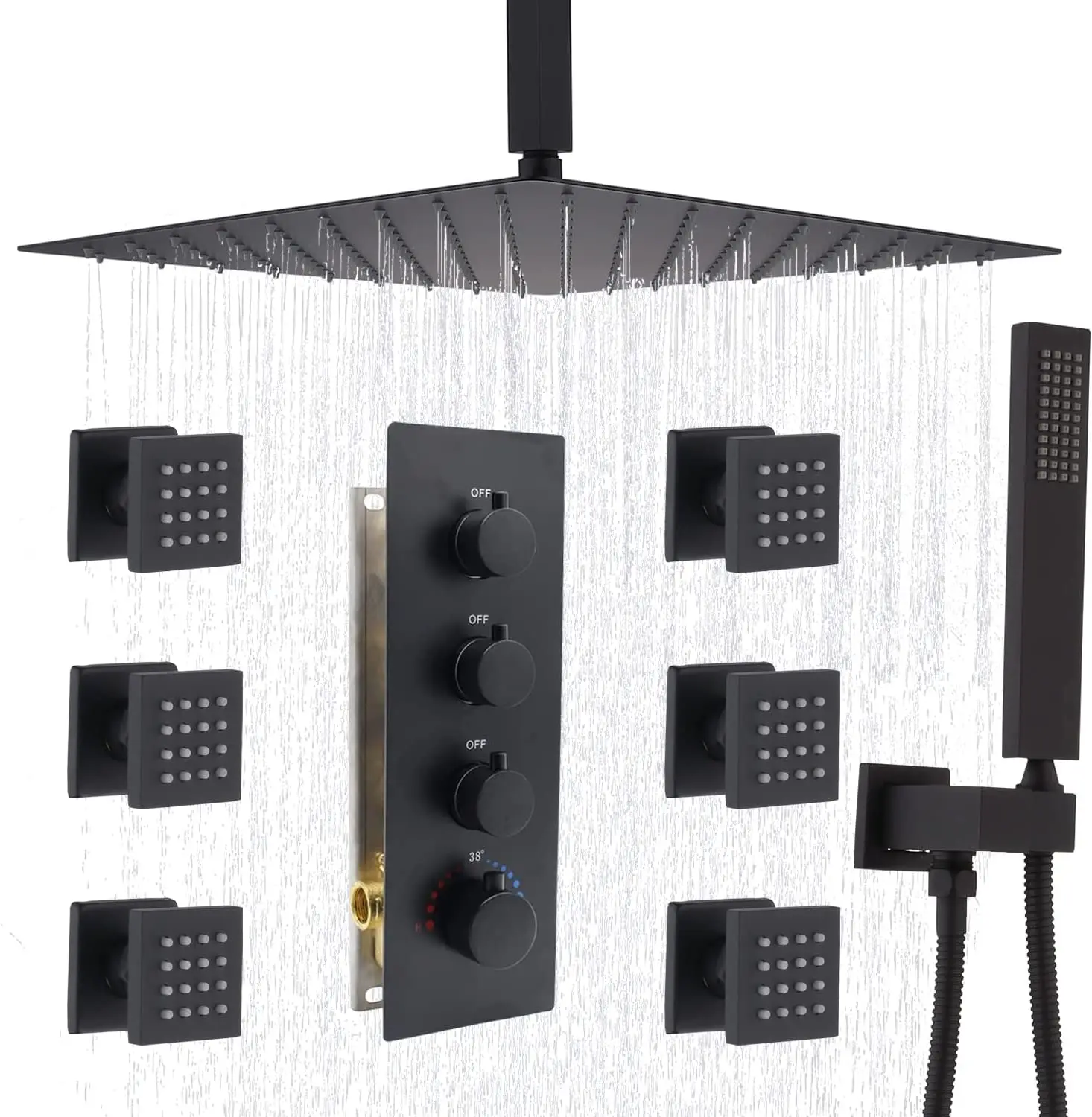 16 Inch Thermostatic Rain Shower System with Body Spray Jets