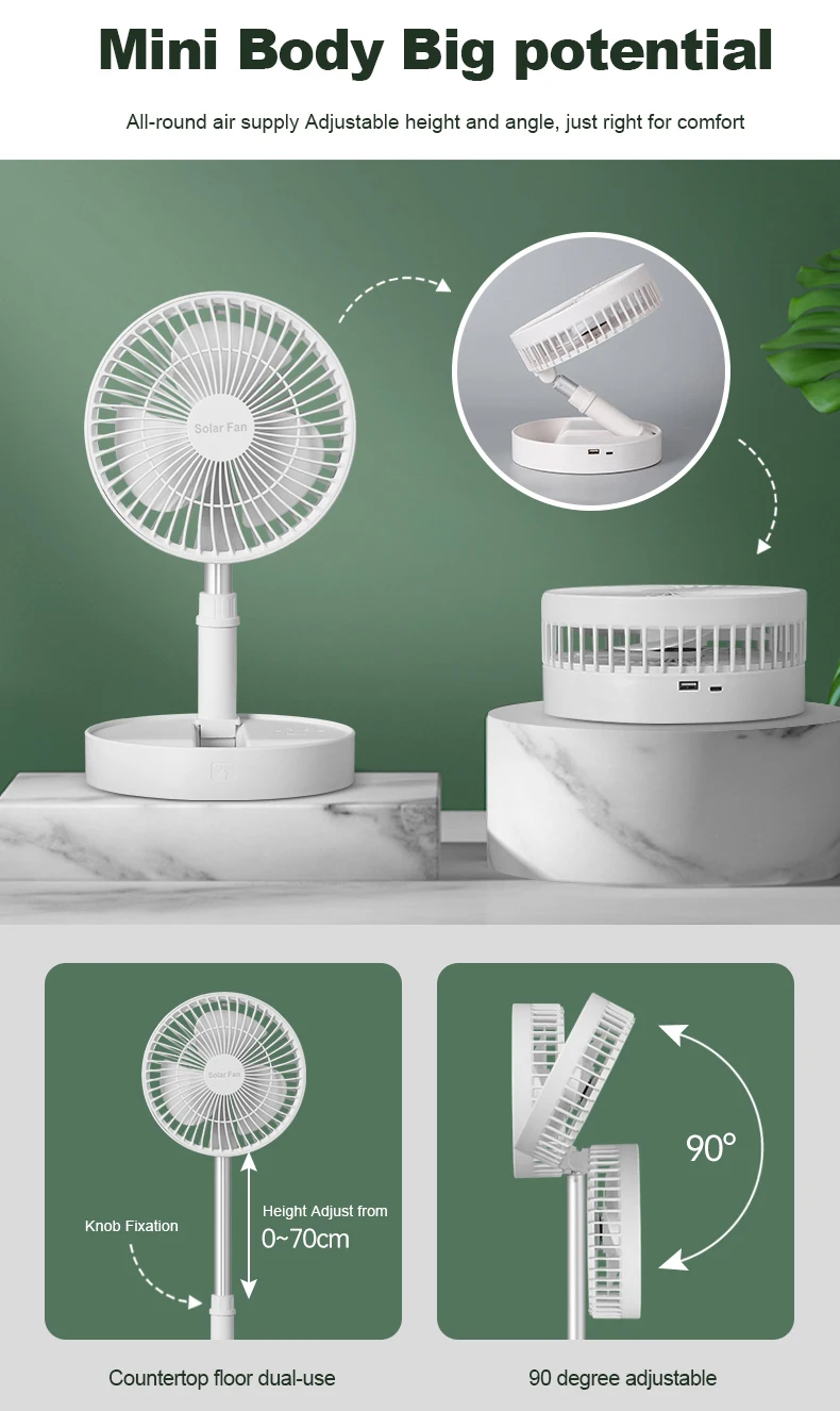 Portable USB Charging Fan with Solar Power - 2 Years Warranty