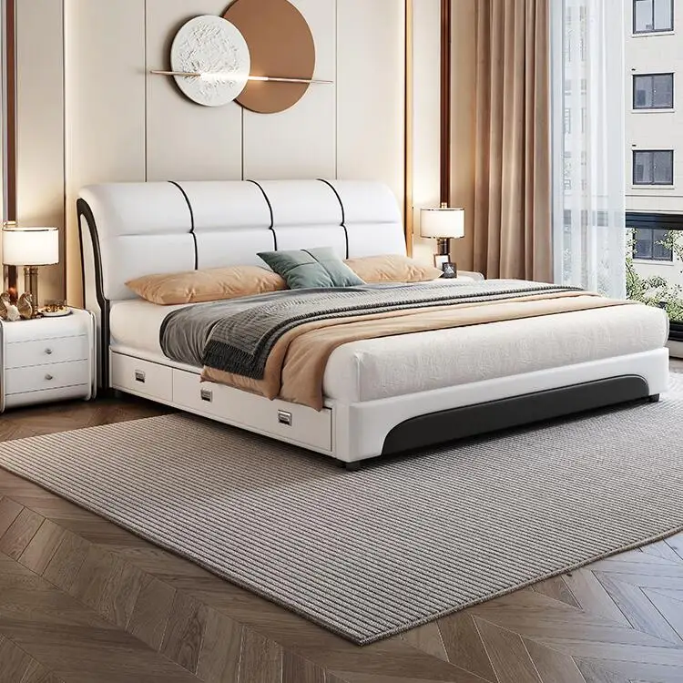 Wholesale Latest Modern Leather Double Bed with Storage Solid Wood ...