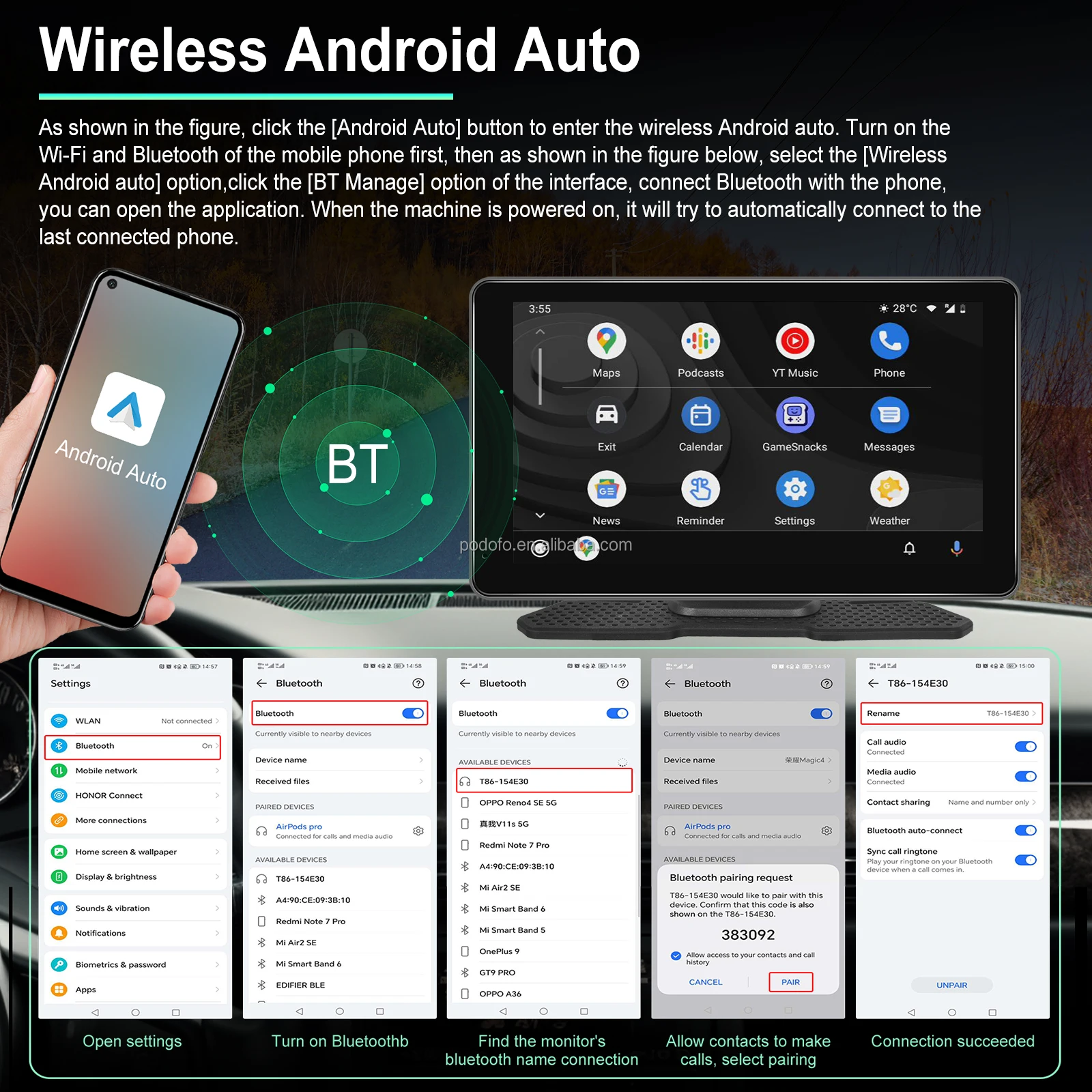 Podofo Portable 7 Inch Smart Car Monitor PND Car Radio Wireless Carplay ...