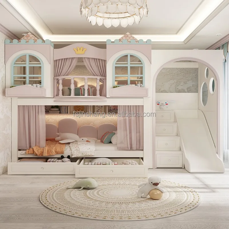 JS Custom Princess House Bunk Bed with Stairs Creative Castle Style ...