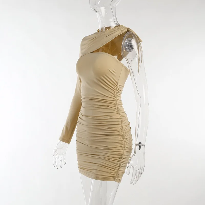 Asymmetrical Dress Women One Side Sleeve Crossing Front Drawstring Sexy ...