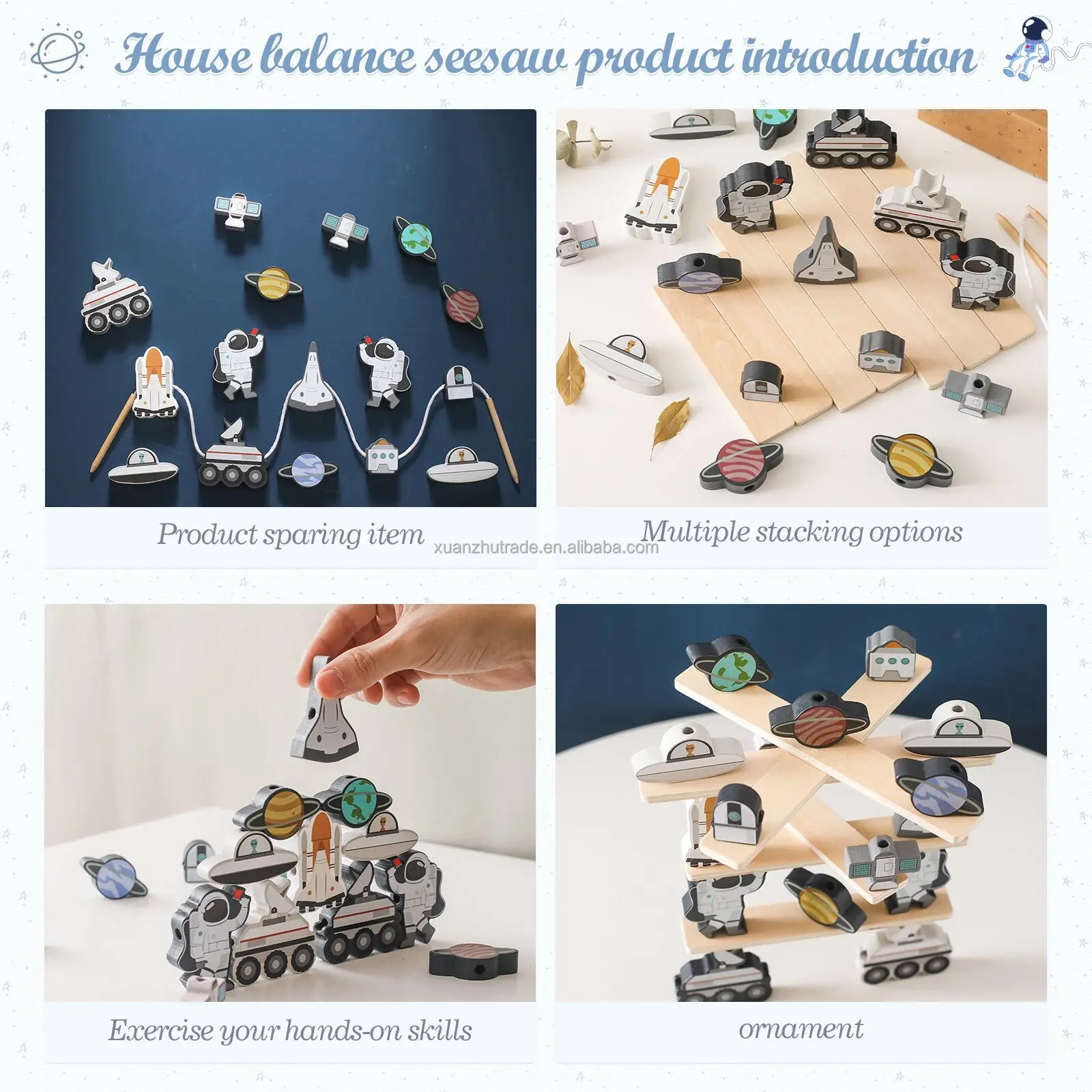 Wooden Space Theme Stacking Blocks And Balance Toys String Threading ...