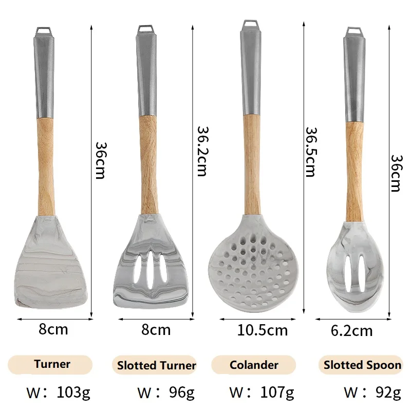 Durable Quality Marble Silicone Cooking Set With Wooden Stainless Steel ...