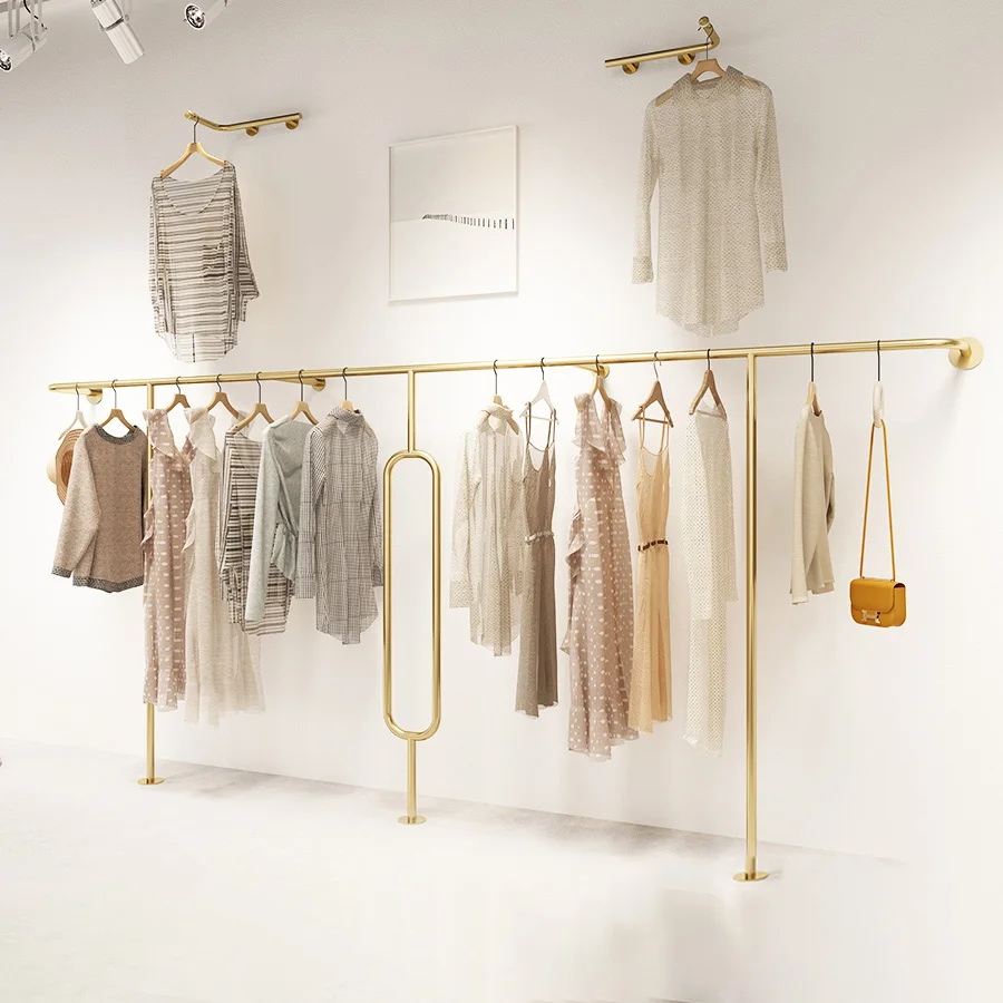 Boutique Clothing Women Wall Mounted Stand Stainless Steel Gold Wall ...