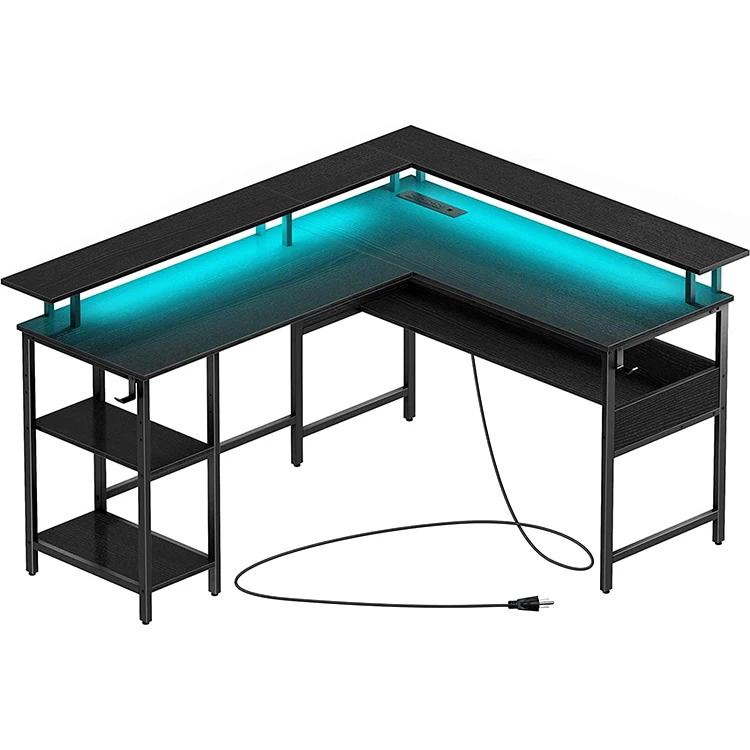 L Shaped Computer Desk with LED Strip & Power Outlets