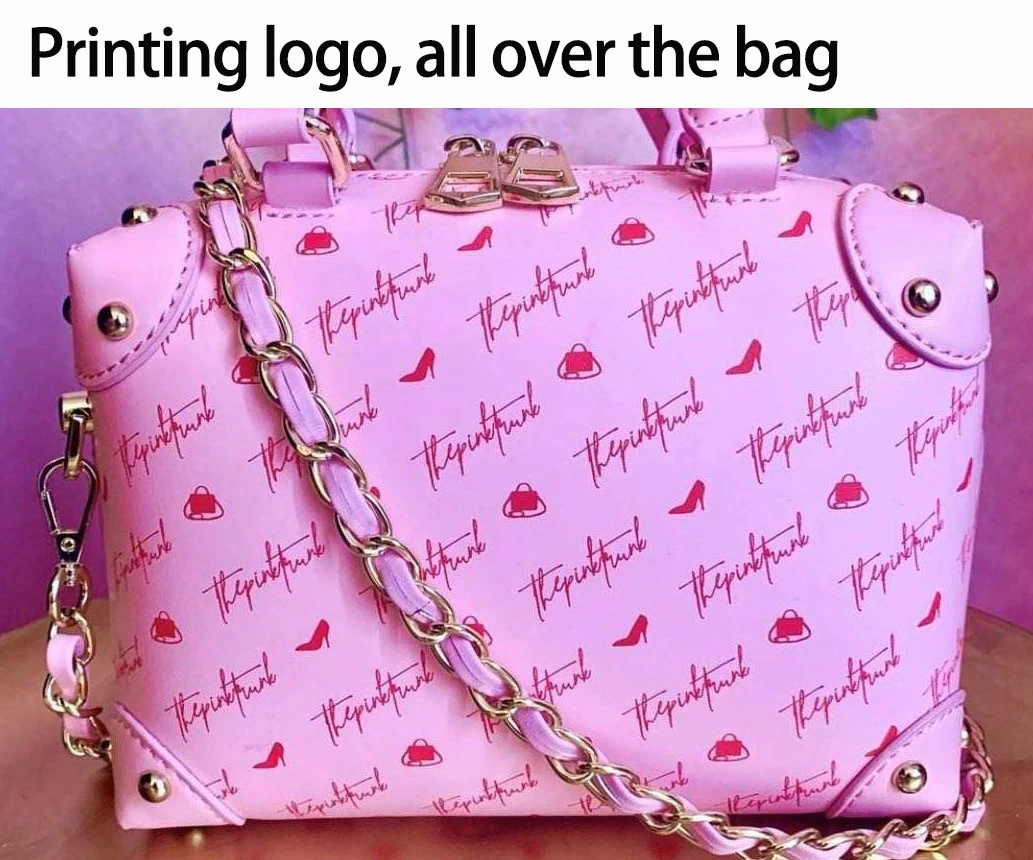 Shop Our Custom All over Printed Logo Pink Leather Tote Bags