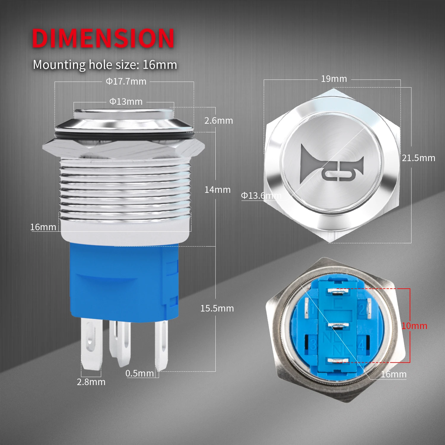 16MM Waterproof Metal Push Button Switch for Car Horns