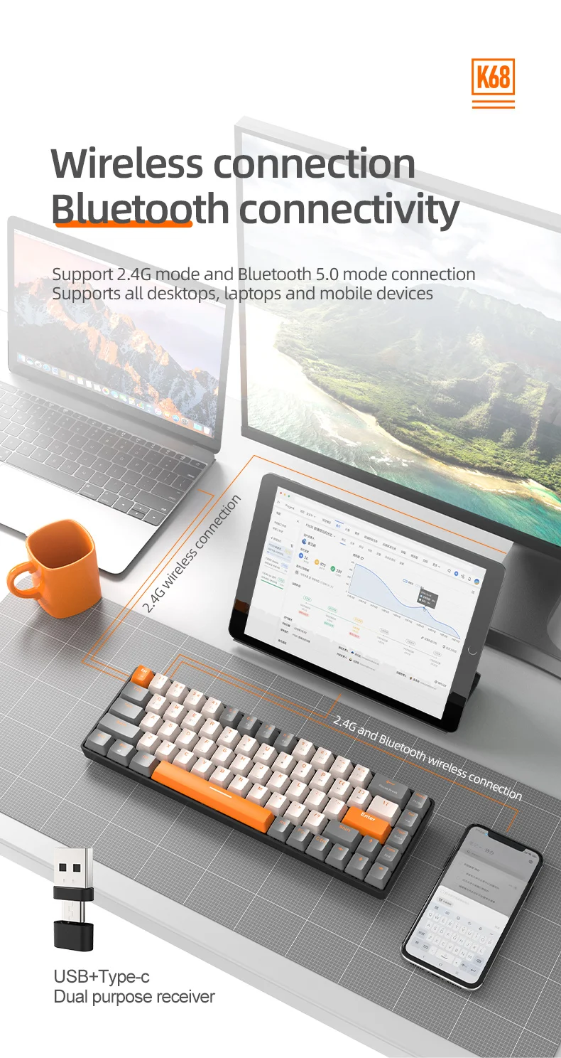 K68 Wireless Mechanical Keyboard - 68 Keys for Gaming