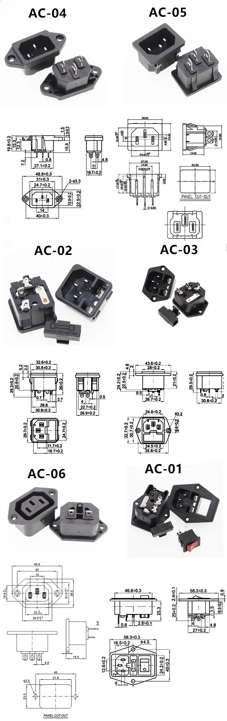 Ac05 3-pin Embedded C14 Connector Female Plug Ac Power Inlet Iec ...