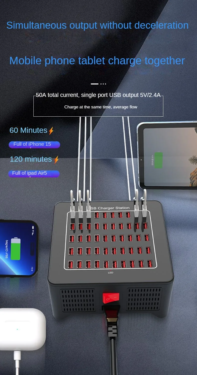 60 Port Power Adapter 250W Mobile Phone Charging Station Studio Office ...