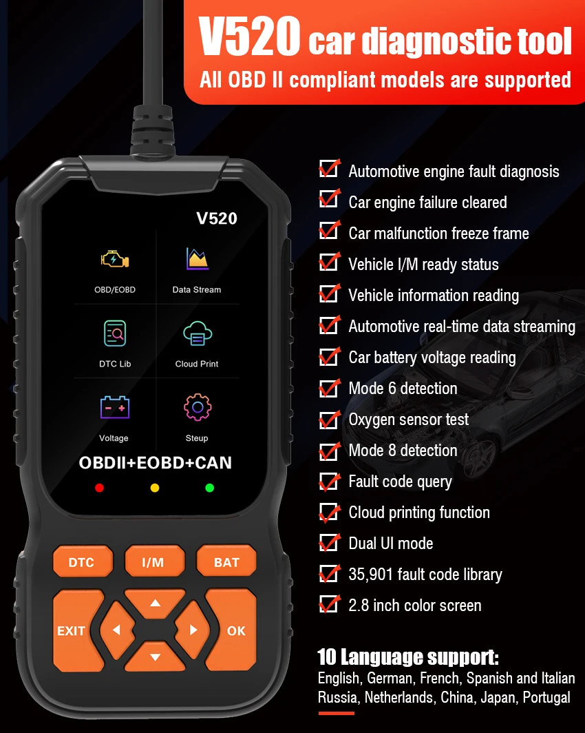 OBD2 Full Function V520 Code Reader - 12V Car Diagnostic Tool