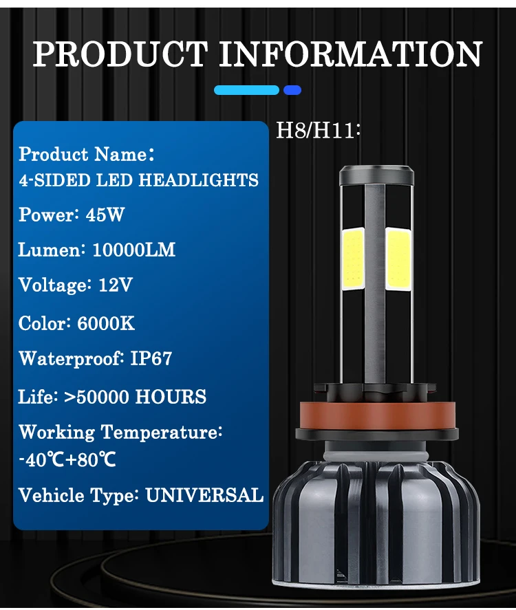 Pel Auto Led Lighting System 4-sided Led Headlights H4 H1 H11 9005 9006 ...